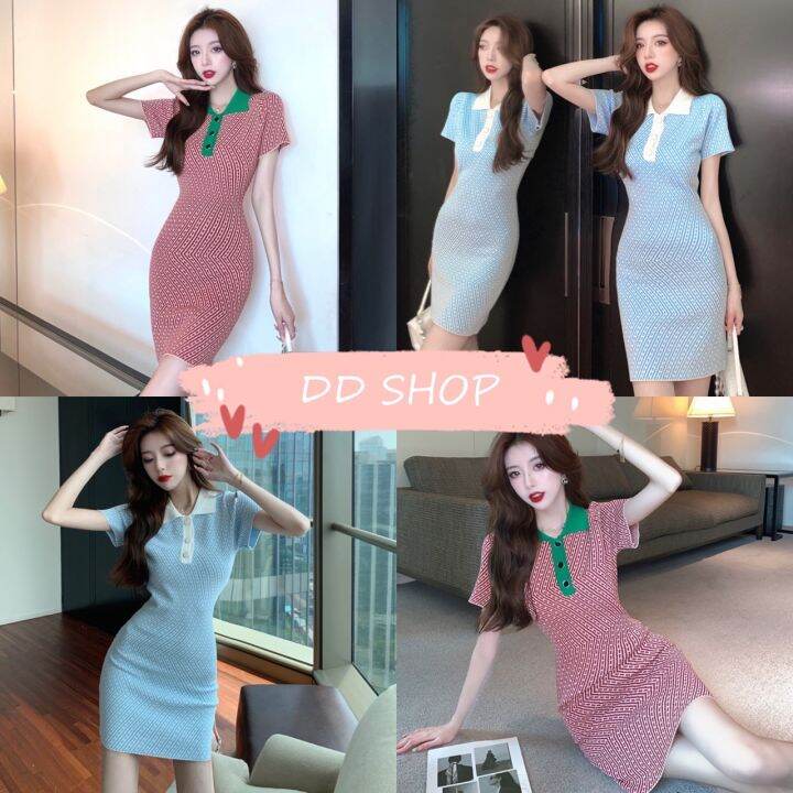 DD SHOP'พร้อมส่ง' 29026 ชุดเดรสไหมพรม คอปก แขนสั้น ลายเฉียงๆสีพื้นๆน่ารัก | Lazada.co.th