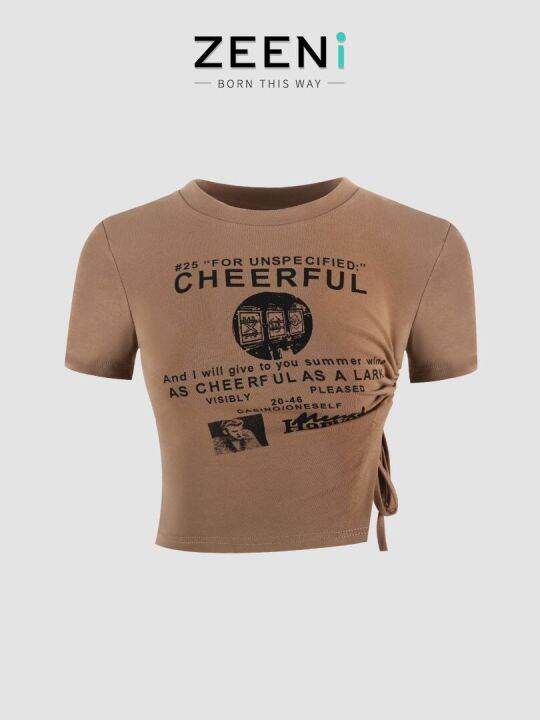 ZEENI เสื้อยืดแขนสั้นมีเชือกผูกพิมพ์ลายแฟชั่นของผู้หญิงเกาหลี | Lazada ...