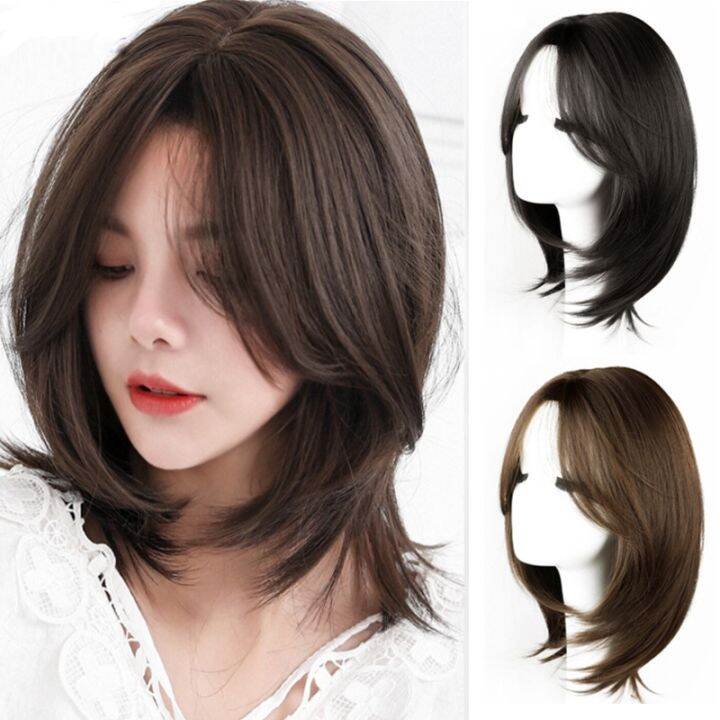 Medium Long Hair Full Wigs Female Clavicle Hair Wig Set Synthetic High ...
