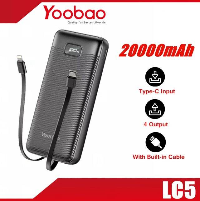 YOOBAO LC5 20000mAh Type-C Input 4 Output Built-in Dual Cable Quick ...
