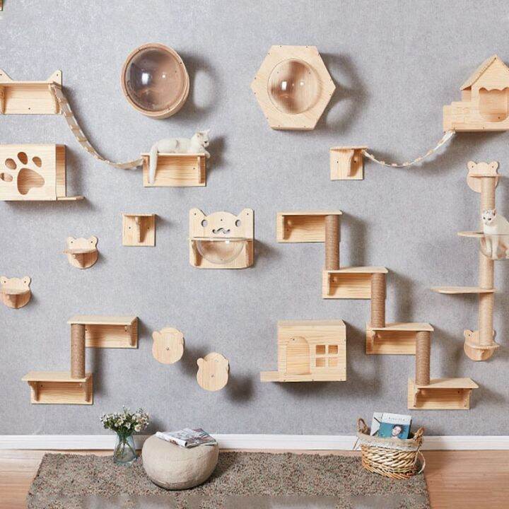 Wall Mounted Cat Climbing Frame Tree Solid Wood Scratching Furniture ...