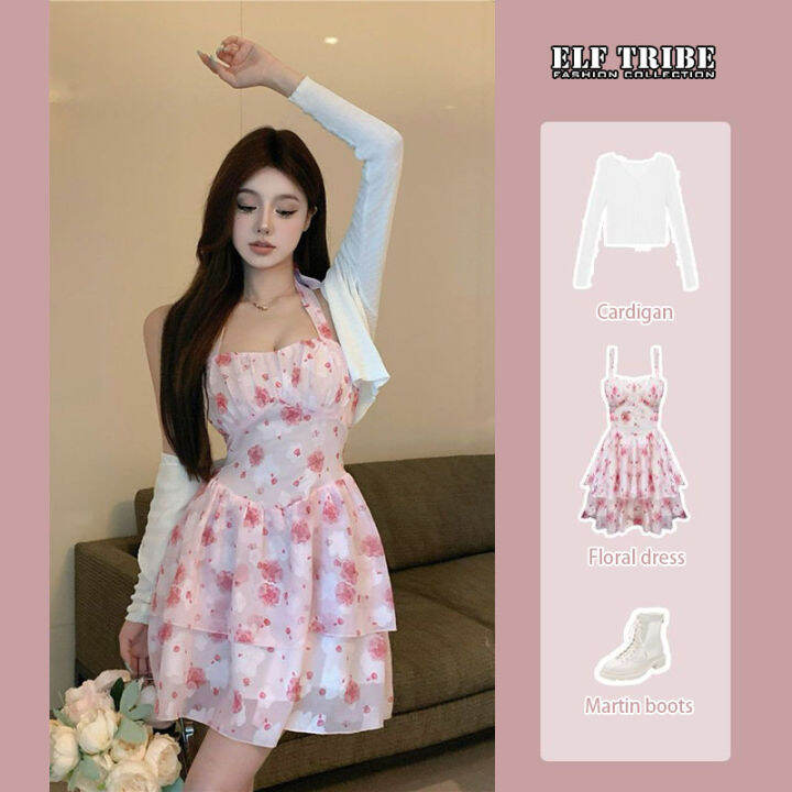 ELF TRIBE ชุดชุดคล้องคอเปิดหลังลายดอกไม้สำหรับผู้หญิงชุดคอร์เซ็ท2ชิ้น ...