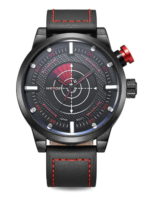 WEIDE Watch for Men's WH5201-2C-RED INDEX Black Leather Band 30m Analog ...