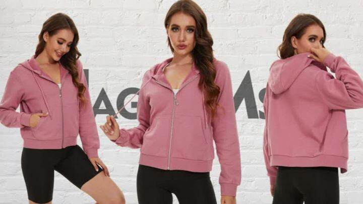 LZD MAGSEN เสื้อสเวตเตอร์มีฮู้ดผู้หญิงครอปขนแกะเรียงรายแจ็คเก็ตซิปเต็ม ...