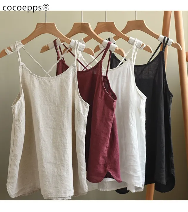 COCOEPPS เสื้อคอตตอนแท้ขนาดเล็กสไตล์ย้อนยุค,เสื้อสายเดี่ยวเดี่ยวสีพื้นแขนกุดทรงหลวมสวมใส่ได้ทั้ง ...