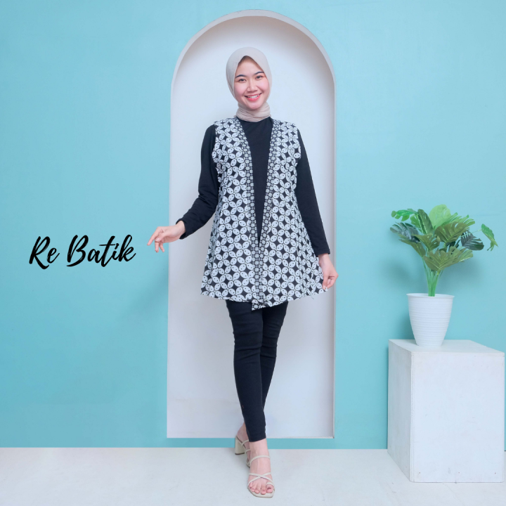 OUTER WANITA KEKINIAN VEST BATIK MONOKROM Standart Jumbo Extra jumbo ...
