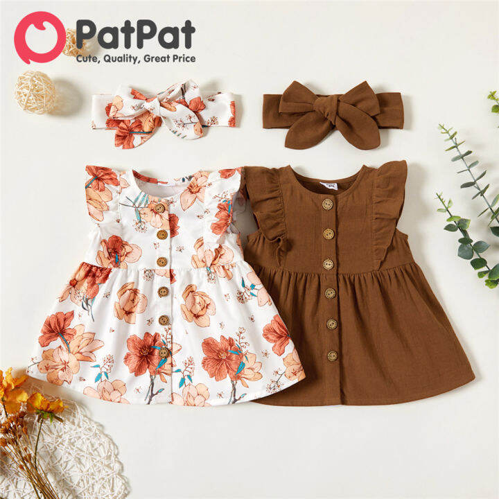PatPat Baby Girl Clothes Baby Girl Sleeveless Floral Sweet Dress with Headband for 3-24 Months ...