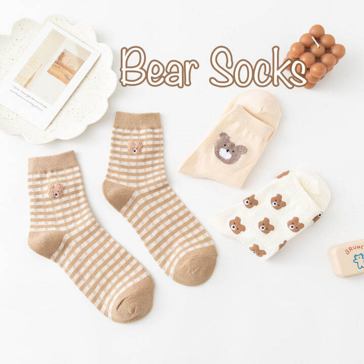 [L&L] Socks 1 Pair Bear Cute Little Women Cartoon Stripe Plain Three ...