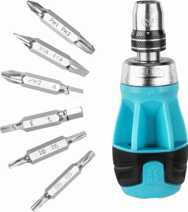 DURATECH Stubby Ratcheting Screwdriver, 12-in-1 Multi-bit Short Screw ...