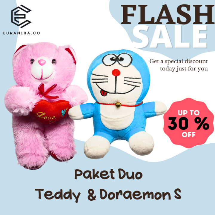Boneka Teddy Bear S & Doraemon S Paket Bundling Duo / Teddy Bear Pink ...