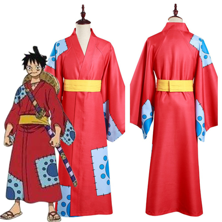 Monkey.d Luffy คอสเพลย์เครื่องแต่งกาย Kimono Robe สีแดงอะนิเมะฮาโลวีน ...