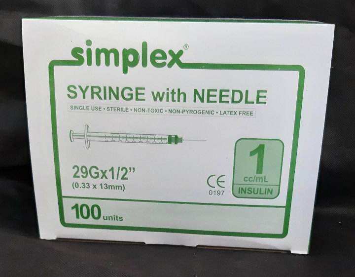 SIMPLEX DISPOSABLE INSULIN SYRINGE WITH NEEDLE 1ML/CC 29g x 1/2 ...