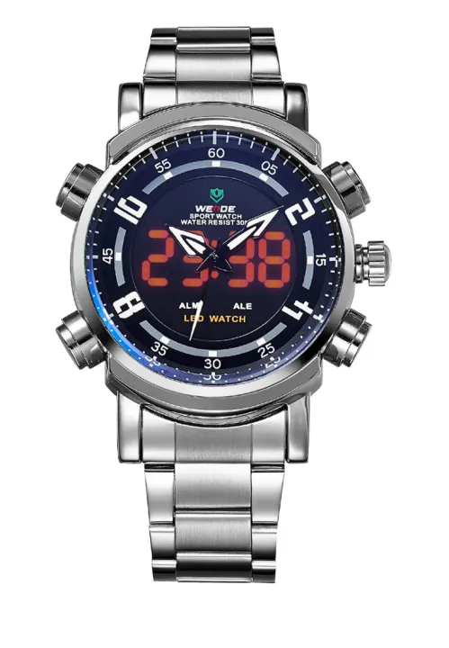 WEIDE Watch for Men's WH1101-1C-BLACK DIAL Silver Stainless Steel Band ...