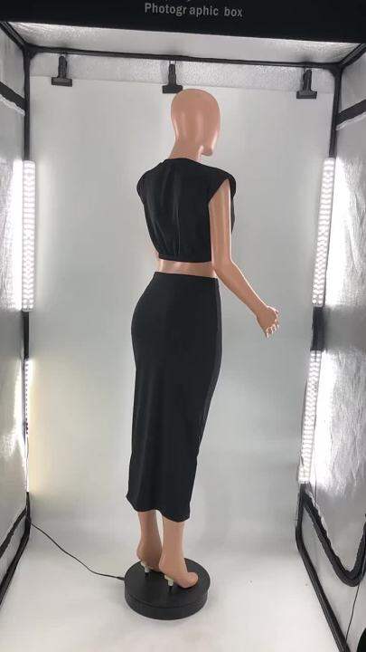 Cm.yaya ผู้หญิงกระโปรงสอง2ชิ้นชุดแฟชั่น Streetwear ท็อปส์พืชและ Midi กระโปรงจับคู่ชุดคลาสสิก ...