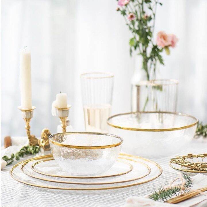 [READY STOCK] Transparent Luxury Crystal Clear Glass Plate Bowl Gold ...