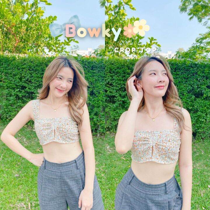 Bowky Crop Top☀️ ครอปโบว์กี้ ลายน่ารักมากๆ เป็นสม็อคหลังน้าา💘 | Lazada.co.th