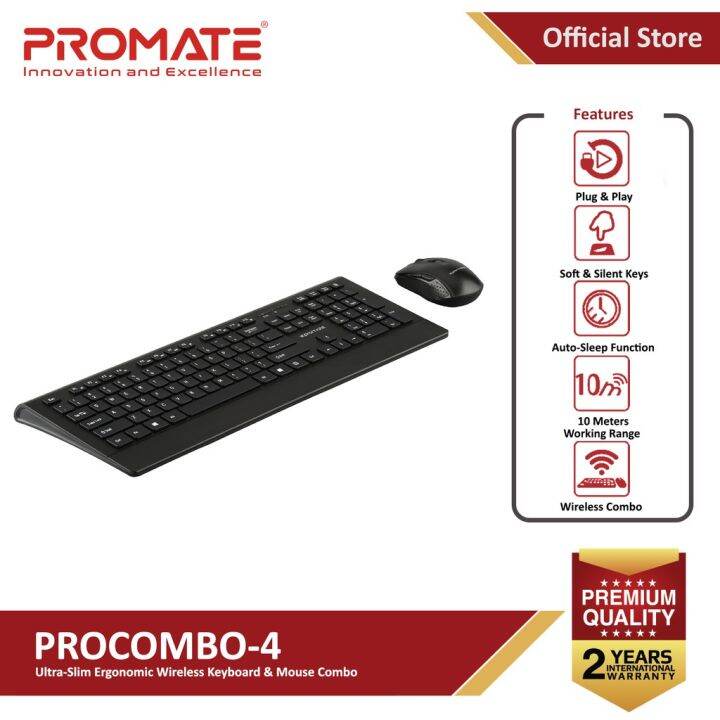 Promate ProCombo-4 Ultra-Slim Ergonomic Wireless Keyboard & Mouse Combo ...