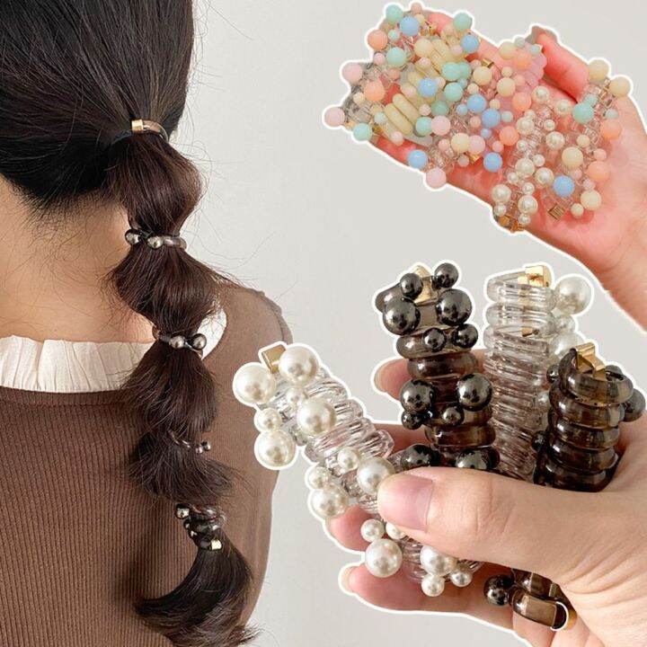 DGJKF ลูกปัดเม็ดกลม เชือกมัดผมสายโทรศัพท์ แบบตรง อีลาสติก แหวนมุกประดับ ...