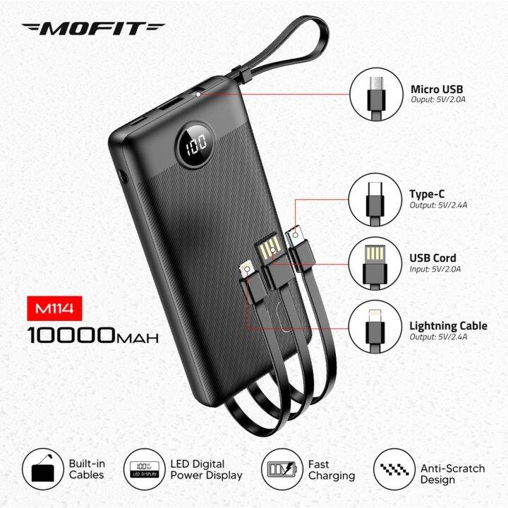 MOFIT M114 10000mAh 2.0A Power Bank with Built In Charging Cables and ...