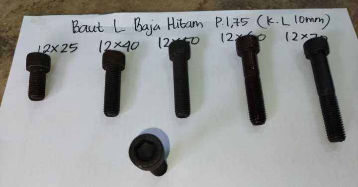 Baut L Baja M12 Kunci L 10mm drat kasar P1,75 (baut 17) / Baut L Hitam M12 drat P1,75 / Baut L ...