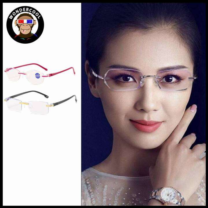 🔥cc👍 Reading Glasses Frameless Diamond Trimming Presbyopic Glasses Anti Blue Super Light