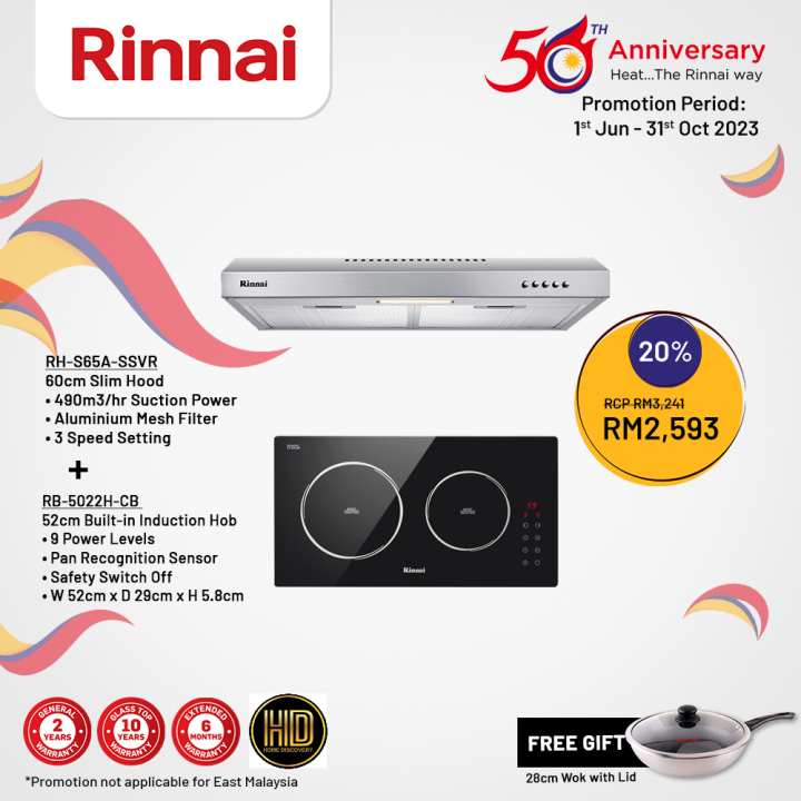 Rinnai RH-S65A-SSVR Slim Hood + Rinnai RB-5022H-CB Built-in Induction Hob | Lazada