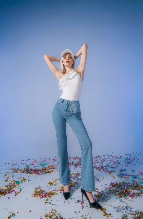 MOTTOM - Ruby กางเกงทรงเอวสูงขากระบอก พับขอบแต่งสกรีน | Lazada.co.th