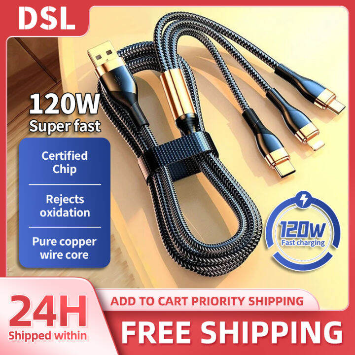 DSL 3 IN 1 Charging Cable 120W USB Nylon-Braided Fast Charger Cord 6A ...