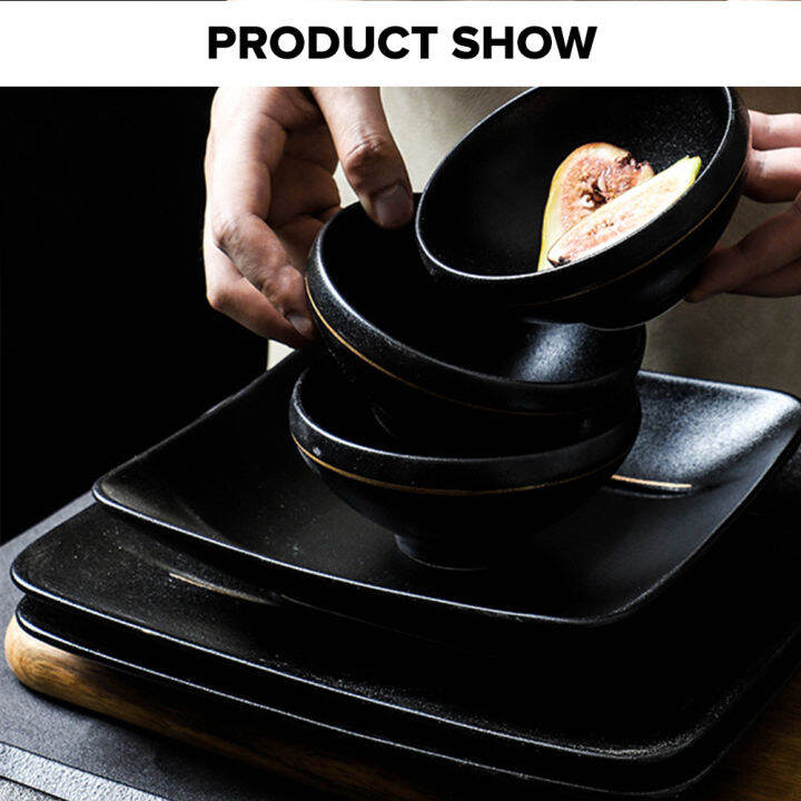 Locaupin Porcelain Dish Serving Black Rice Bowl Snack Appetizer Plate ...