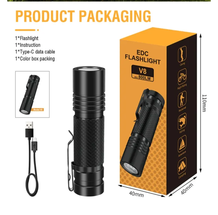 BORUIT V8 800LM Type-C Fast Rechargeable EDC Flashlight with 18650 ...