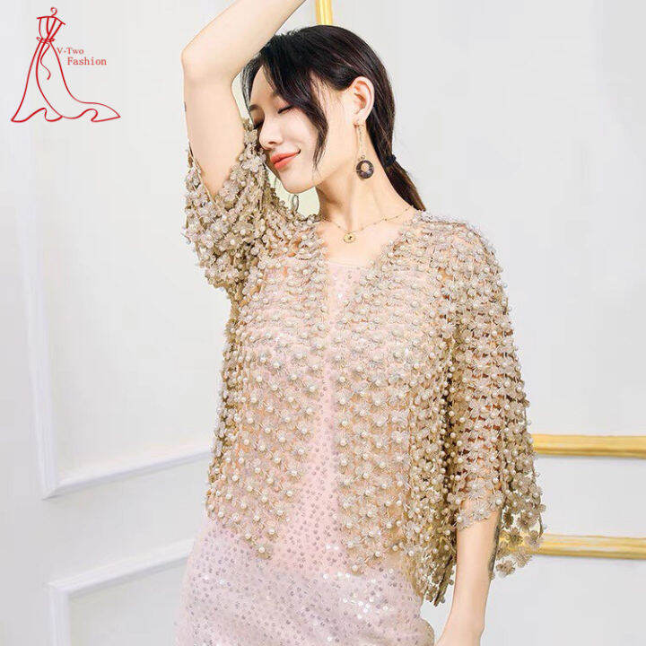 WOMAN HIGH END BOLERO SHINNY FLOWER CUT WITH PEARL ELEGANT CLASSY ...