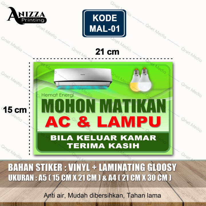 STIKER MOHON MATIKAN AC & LAMPU + LAMINASI GLOSSY | Lazada Indonesia