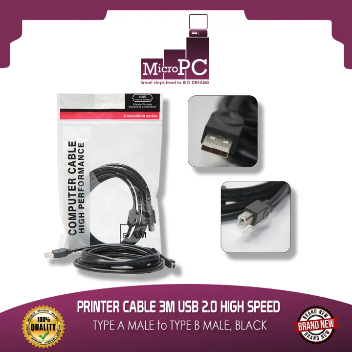 PRINTER CABLE 3M USB 2.0 HIGH SPEED, TYPE A MALE to TYPE B MALE, BLACK | Lazada PH