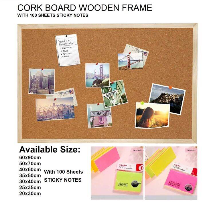 Cork Board Wooden Frame with 100 Sheets Sticky Notes | Lazada PH
