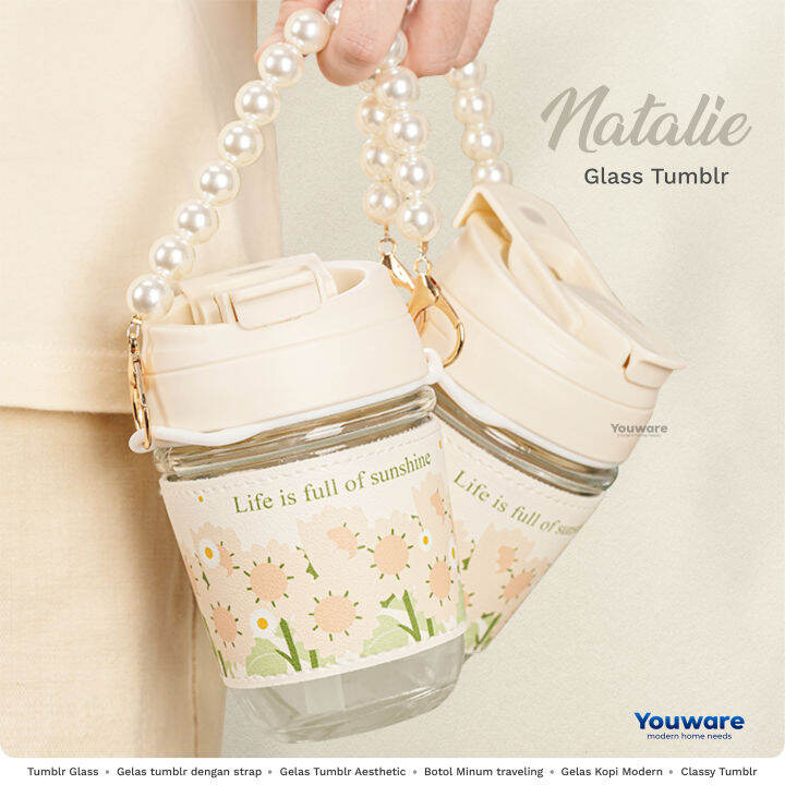Glass Tumblr Aesthetic dengan Strap Mutiara / Gelas Minum Kaca Simple ...