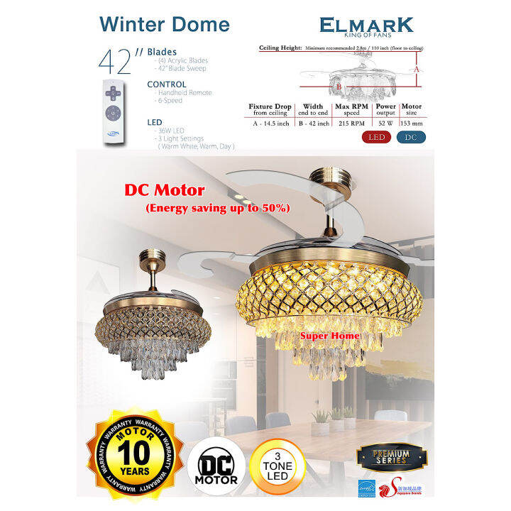 Elmark Ceiling Fan 42 inch Elmark Winter Dome Crystal DC Motor 36w LED ...