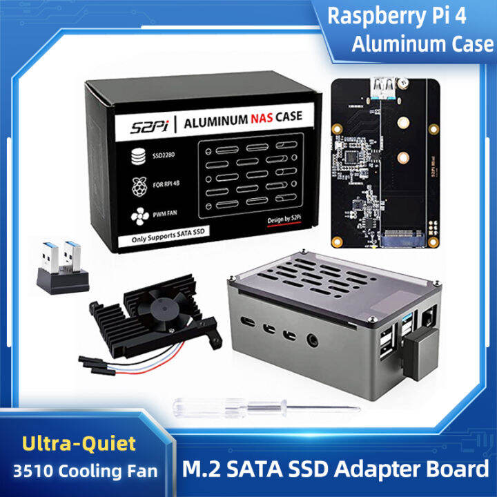 Raspberry Pi 4 NAS Kit Aluminum Case M.2 SATA SSD Board Adjustable ...