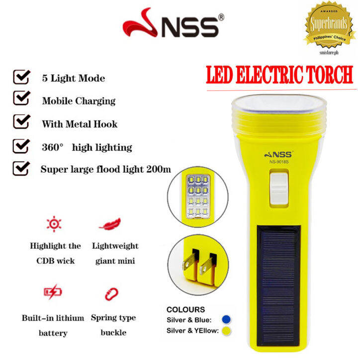 Nss Solar Rechargeable flashlight torch LED lamp light with built-in ...