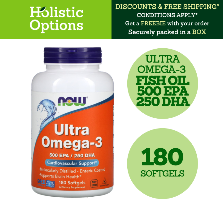 [Authentic] NOW Foods, Ultra Omega-3, 500 EPA / 250 DHA Fish Oil, 180 Enteric Coated Softgels ...