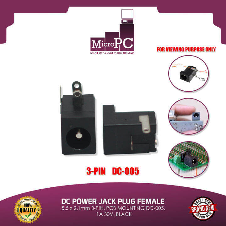 DC POWER JACK PLUG FEMALE 5.5x2.1mm 3-PIN, PCB MOUNTING DC-005, 1A 30V ...