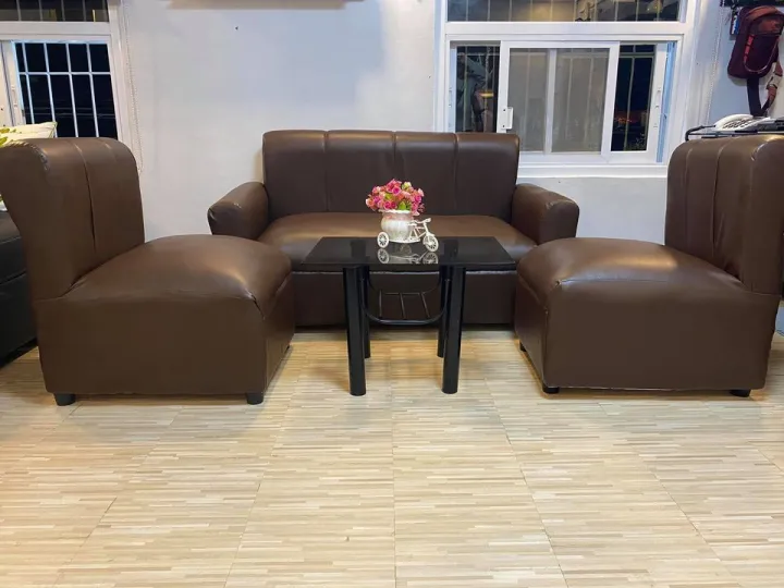 SALA SET BROWN LEATHER WITH GLASS TABLE URATEX FOAM | Lazada PH