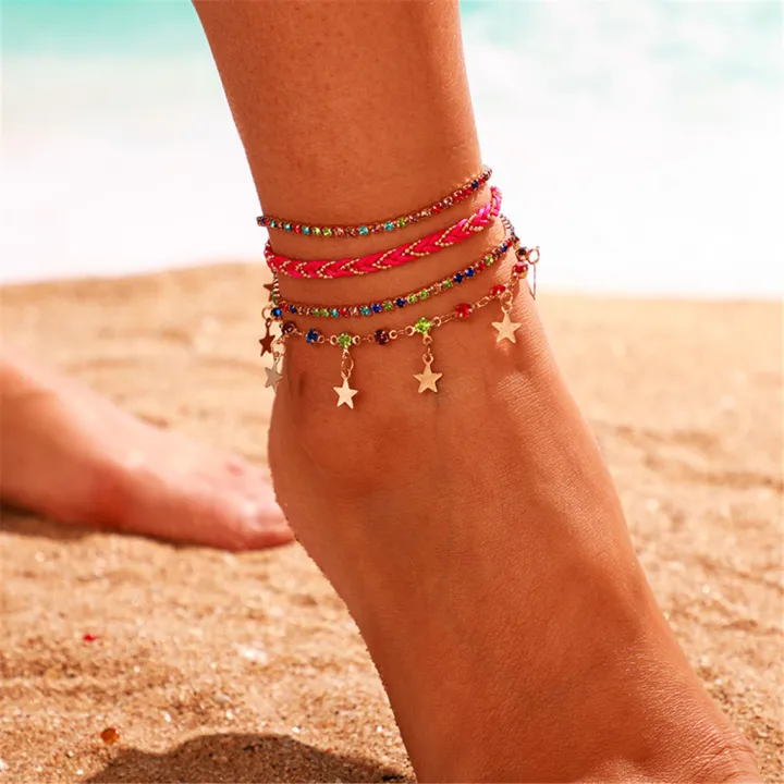 LKJ Woven Colored Diamond Star Tassel Anklet Set of 4 - korean style ...