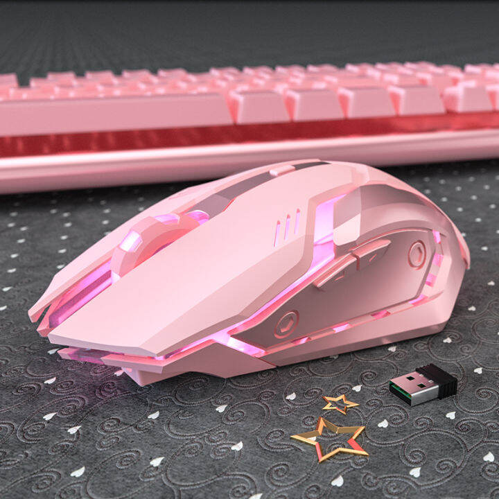cute Wireless Pink Gaming Mouse rechargeable bluetooth Wired silent Mechanical led light ...