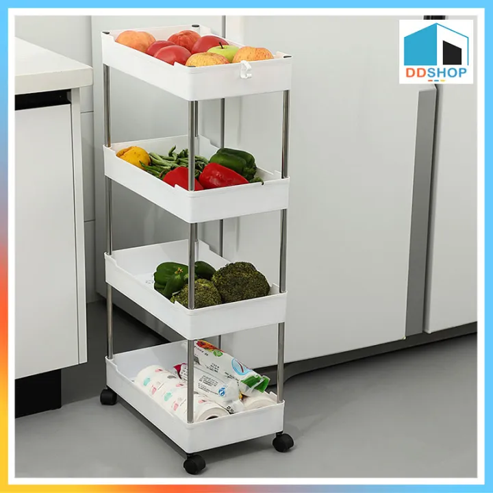 DDSHOP ชั้นวางของอเนกประสงค์ สแตนเลส3ชั้น4ชั้น แบบมีล้อเลื่อนพร้อมตะขอ ชั้นวางของในครัว ชั้นวาง ...