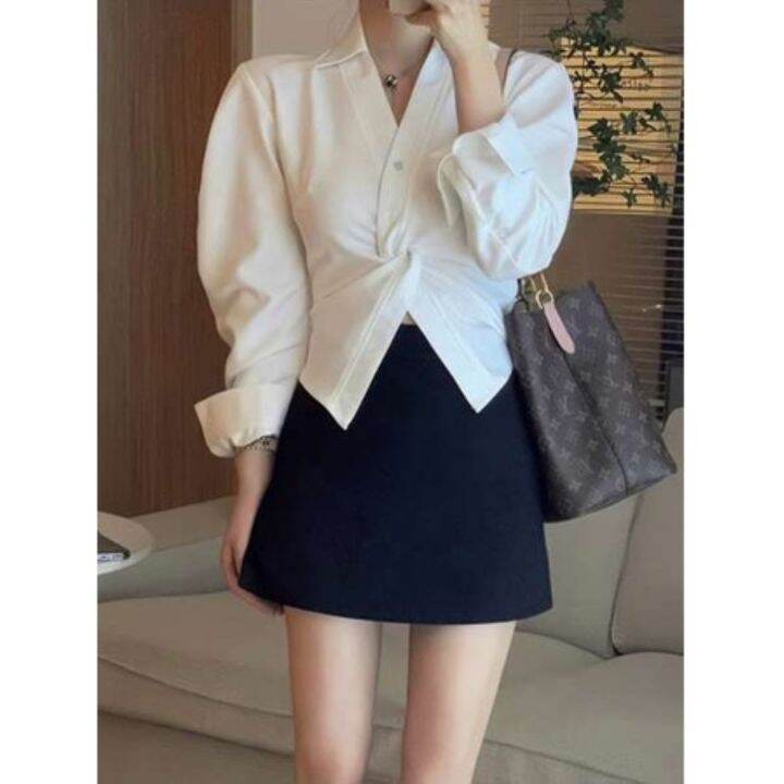 ☃ Niche Style Polo Collar Chic Top Women's High-End Knotted Irregular ...