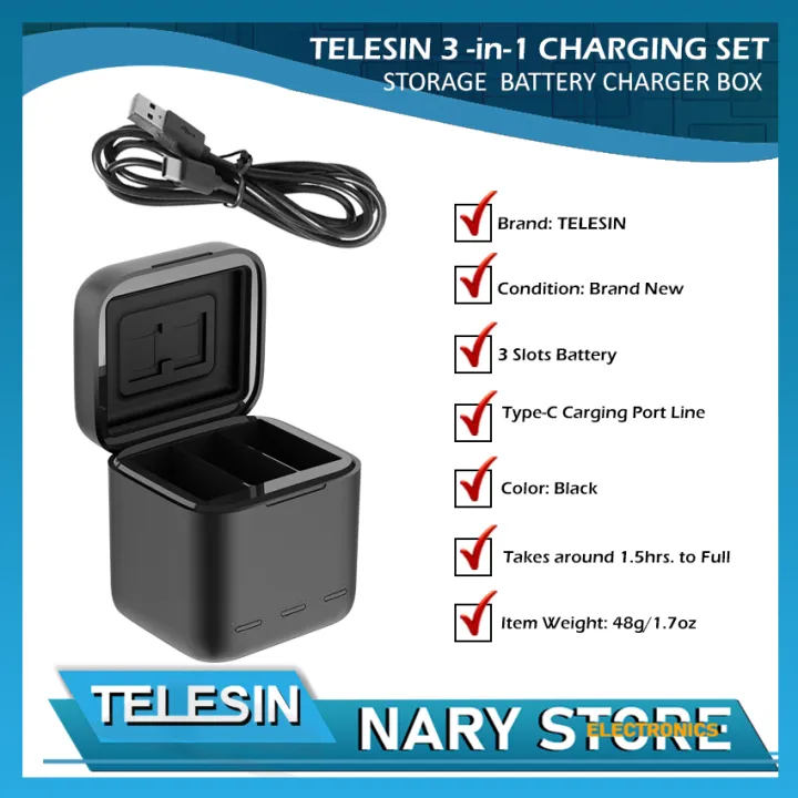 NARY TELESIN GP-BCG-901 Go Pro Hero 9 Triple Storage Battery Charger Box for GoPro Hero 9 Camera ...