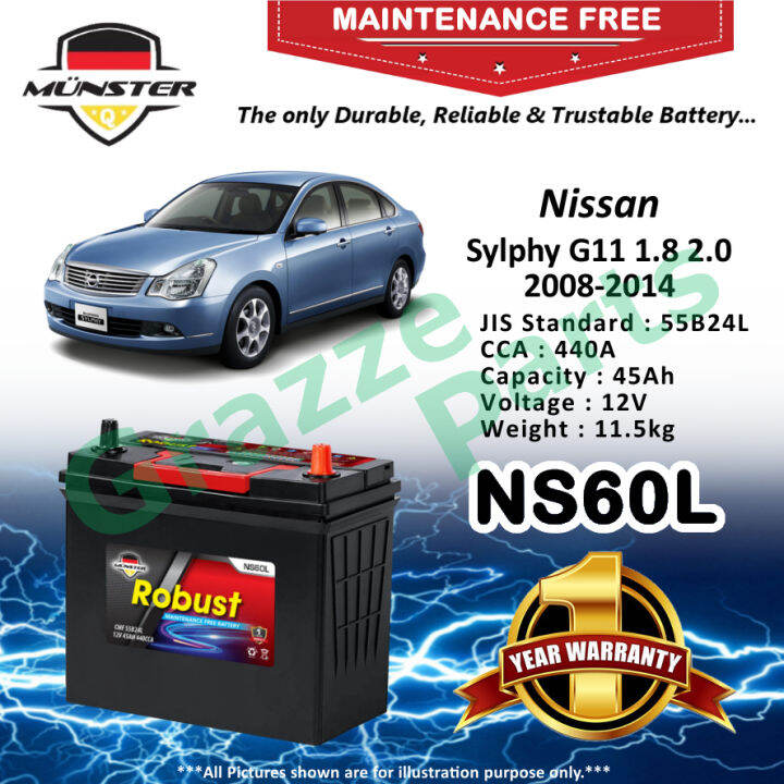 Münster Robust MF CMF NS60L | 55B24L (45AH) Car Battery Bateri Kereta for Nissan Sylphy G11 1.8 ...