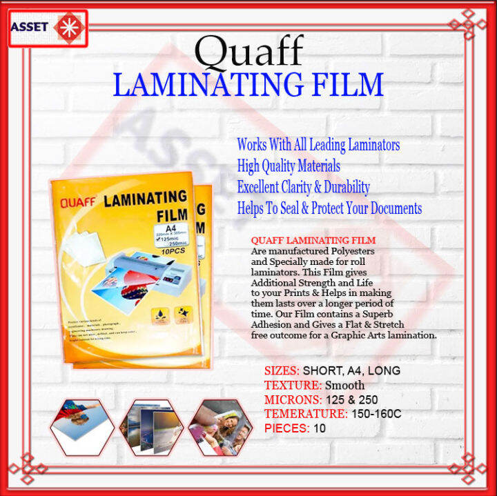 QUAFF LAMINATING FILM 125MIC AND 250MIC 10 SHEETS ( SHORT, A4, LONG ...
