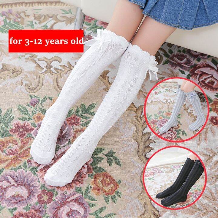 1pair Knee High Socks Girls Long Tube School Socks Bowknot White Socks ...