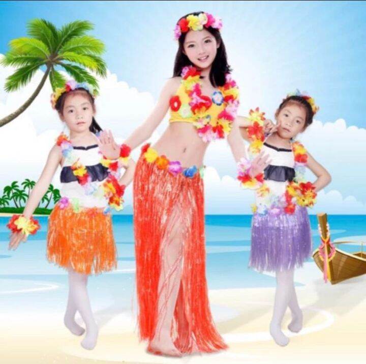Hawaiian Hula Grass Skirt Fancy Dress Flower Long Hawaiian Tropical ...